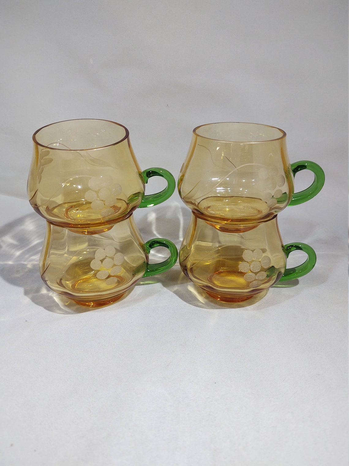 Set of 4 Blown Glass Mugs with Cut Glass Grape Design | Etsy