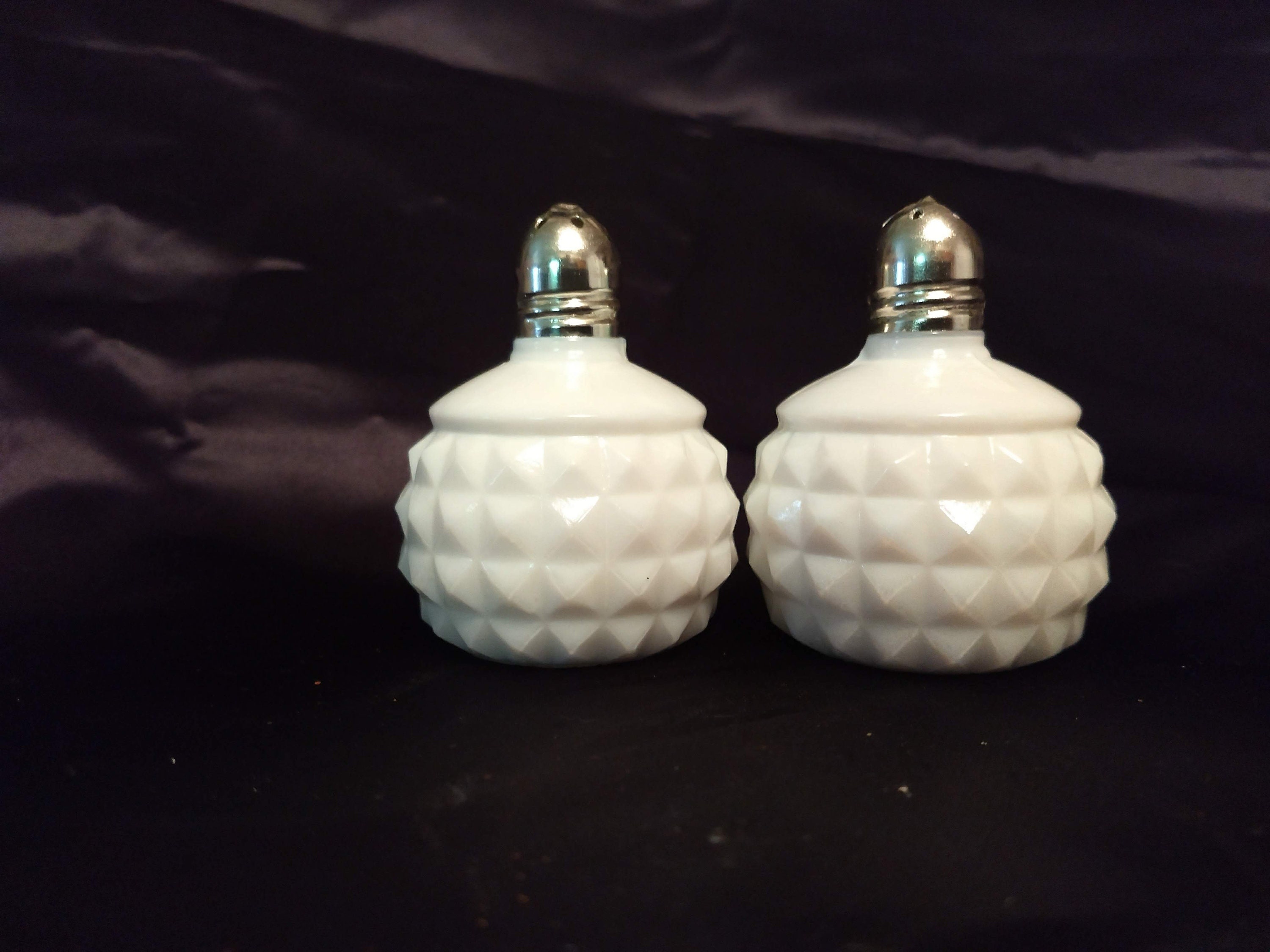 Miniature Milk Glass Diamond Cut Round Salt and Pepper Shakers | Etsy