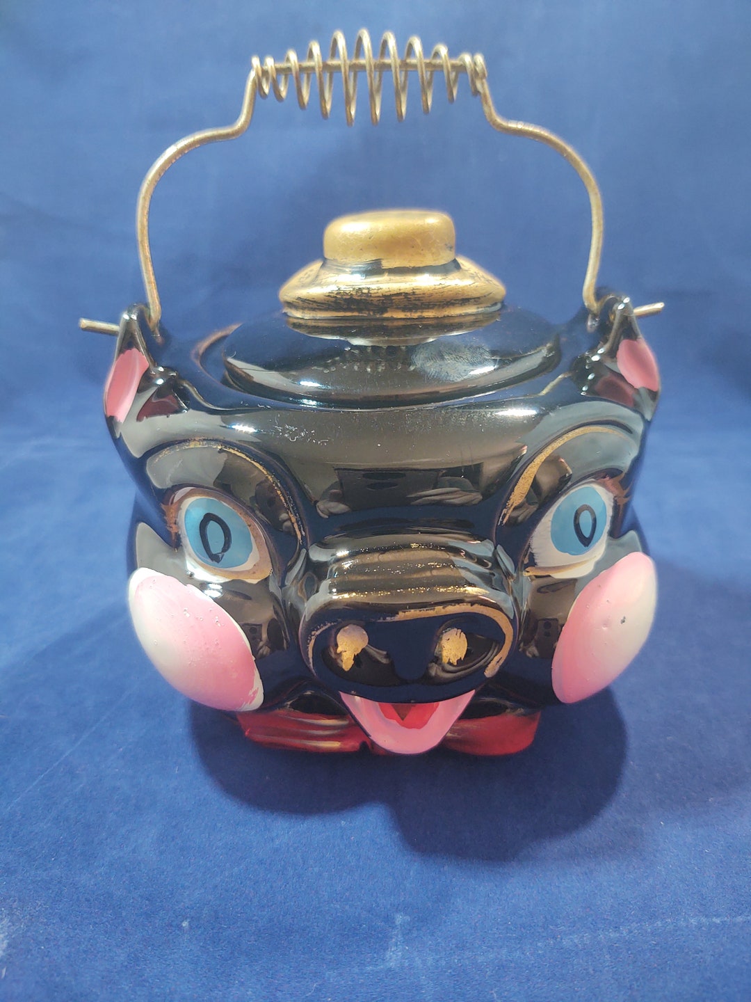 Vintage 1950's Redware Hand Painted Pig Sugar Bowl With Wire Handle - Etsy
