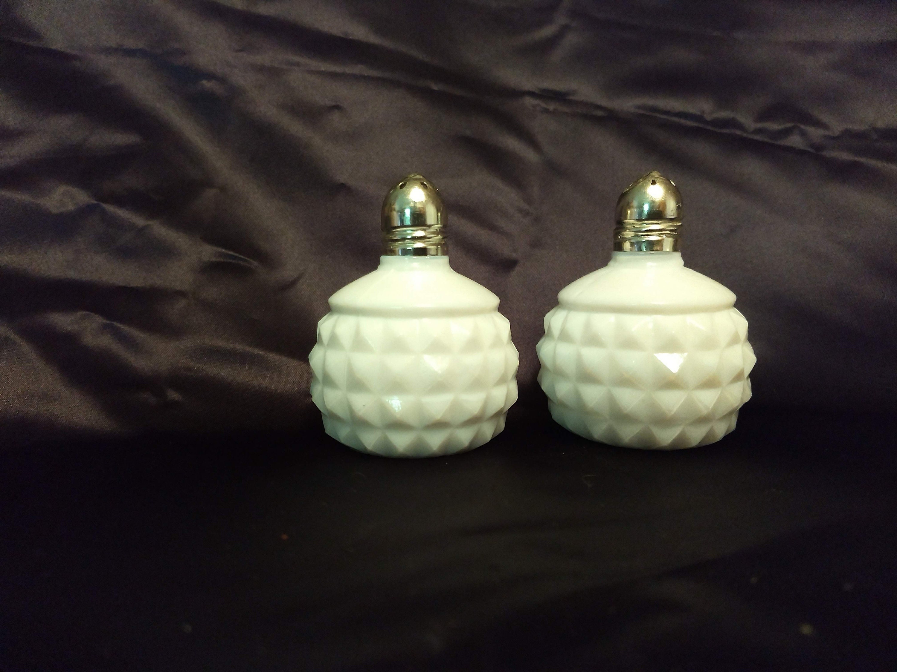 Miniature Milk Glass Diamond Cut Round Salt and Pepper Shakers | Etsy