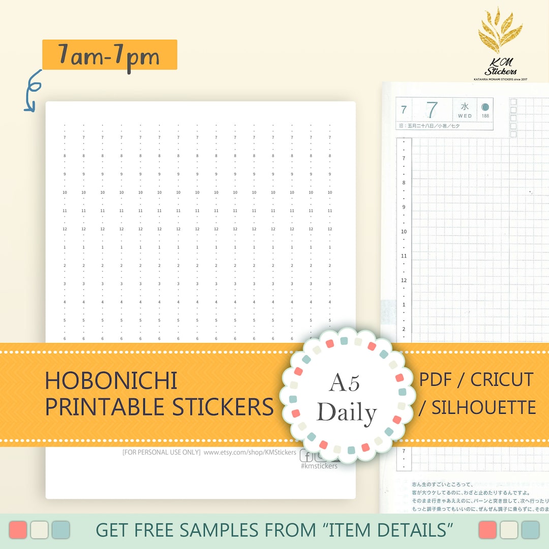 Printable HOBONICHI A5 DAILY Long Time Strip Stickers, 7am-7pm (cat ...