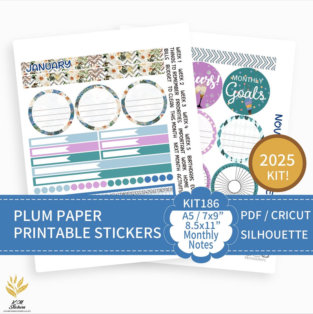 KIT 186_2025, Printable Monthly Notes Kit in A5, 7x9, 8.5x11 Plum Paper ...