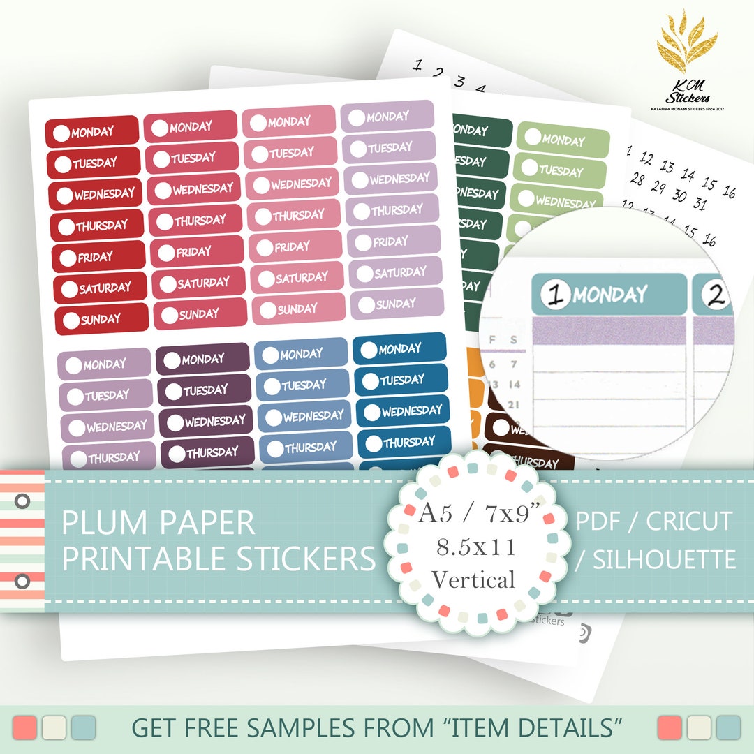 Printable Days of the Week Stickers, A5, 7x9, 8.5x11 Vertical and ME ...