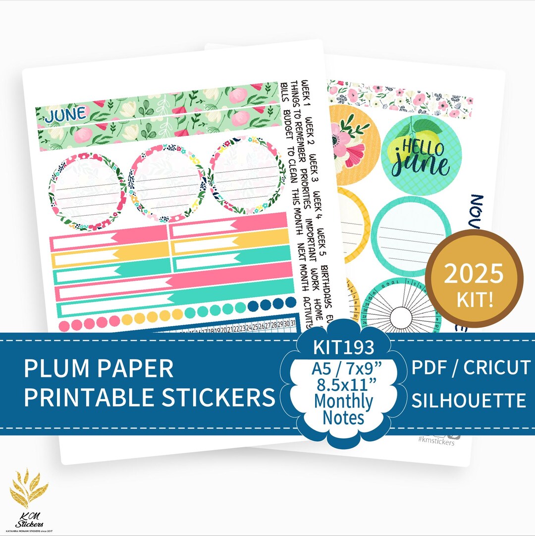 KIT 193_2025, Printable Monthly Notes Kit in A5, 7x9, 8.5x11 Plum Paper ...