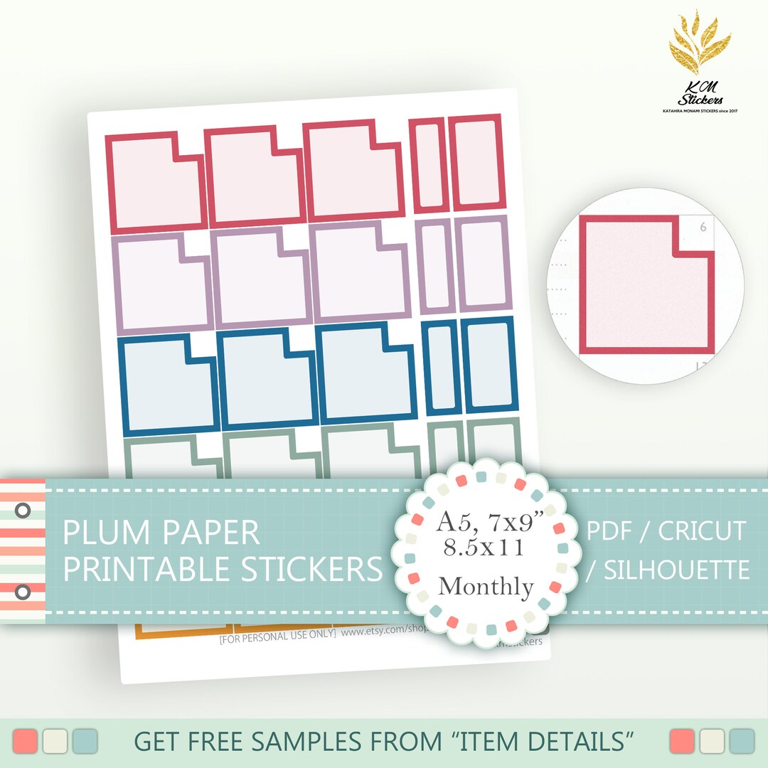 Printable Monthly Full Box Stickers, A5, 7x9, 8.5x11 Plum Paper catpp ...