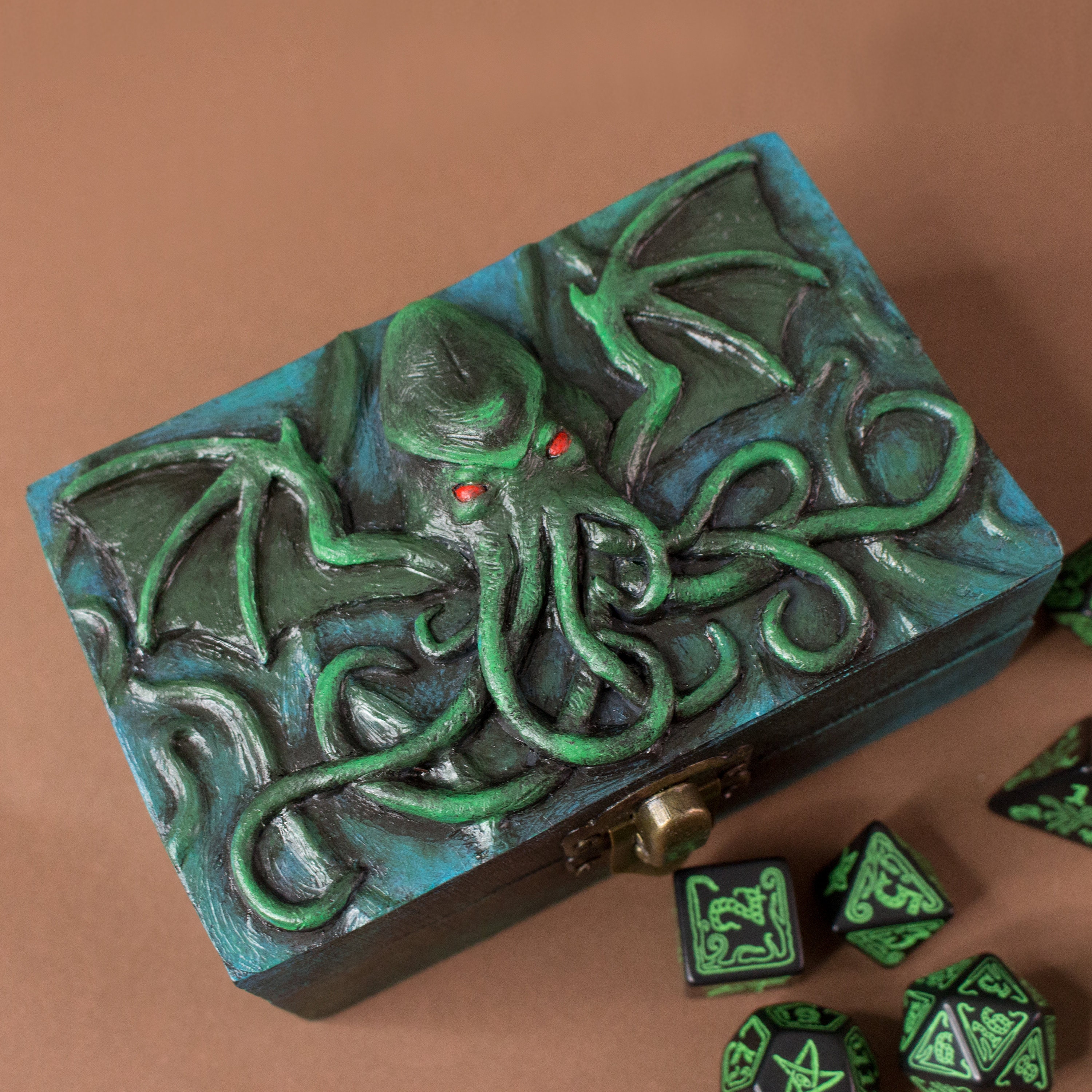 Cthulhu Lovecraft Blue and Green Wood and Resin Dice Box Holder for D&D ...