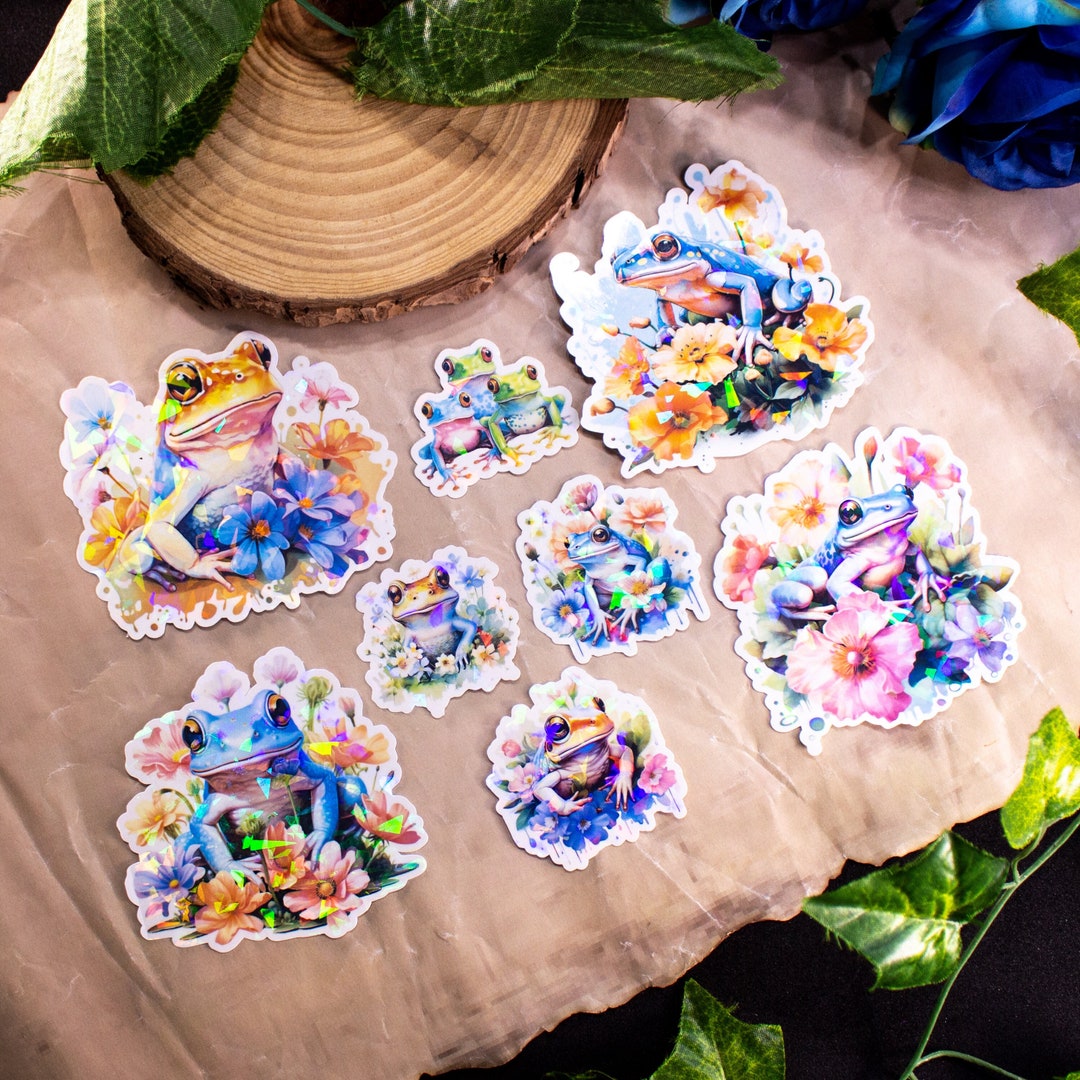 Pastel Frogs Holographic Handmade Sticker Set of 8, Natural Flower ...