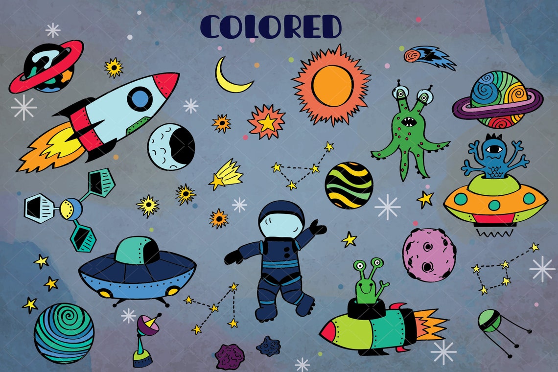 Colored Outer Space Hand Drawn Graphics Planets Astronauts | Etsy