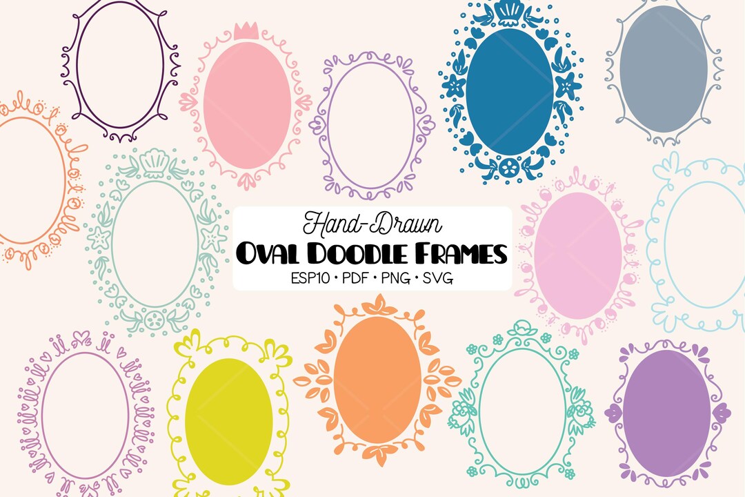 Oval Doodle Frames Colored Clipart | Hand Drawn Floral Border ...