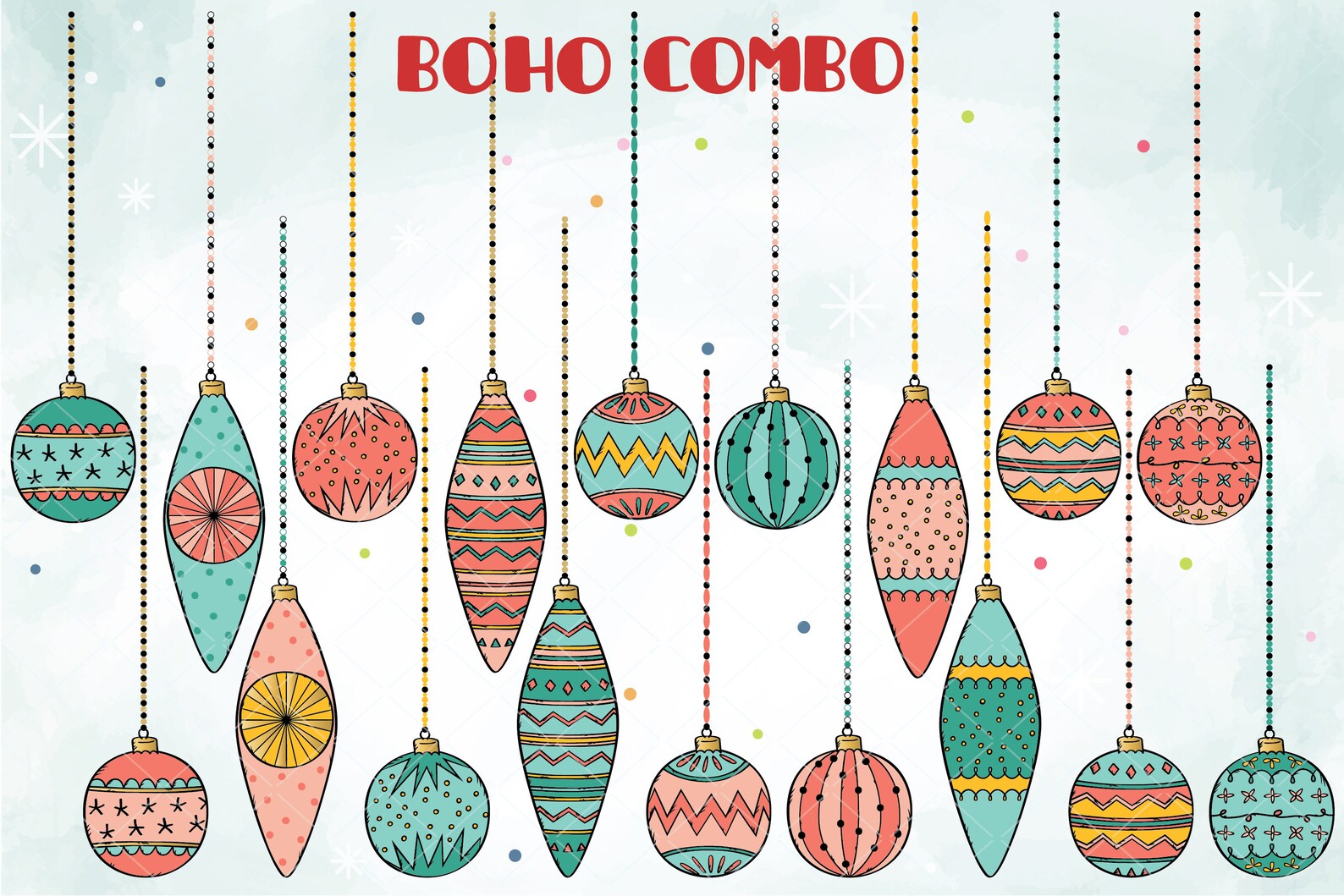 Hand Drawn Retro Ornaments Colored Clip Art Christmas Tree | Etsy