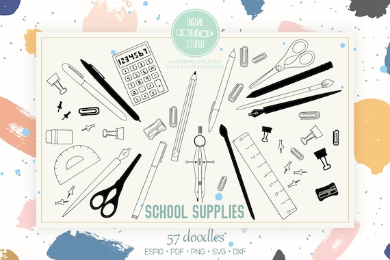 School Supplies Doodles Hand Drawn Stationary Clip art | Etsy