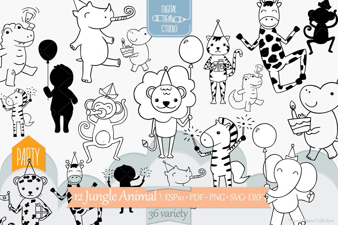 Jungle Animal Birthday Party Clipart | Hand Drawn Elephant, Lion, Hippo ...
