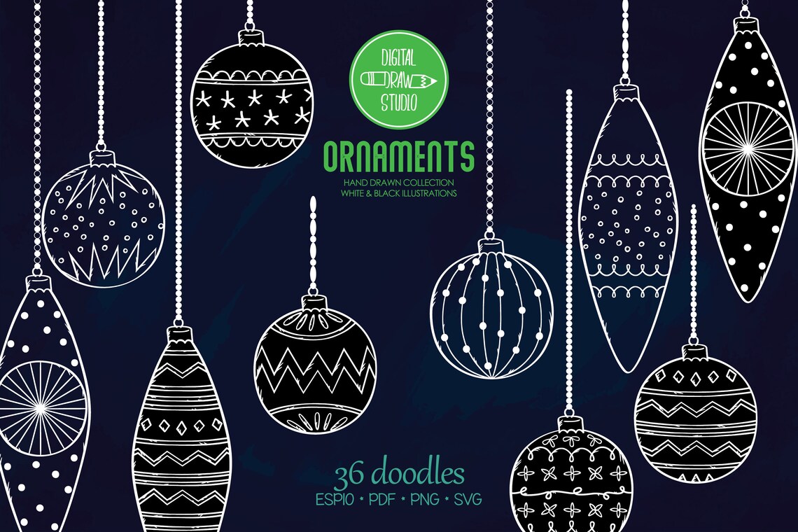 Hand Drawn Retro Ornaments Clip Art White Lines Christmas | Etsy