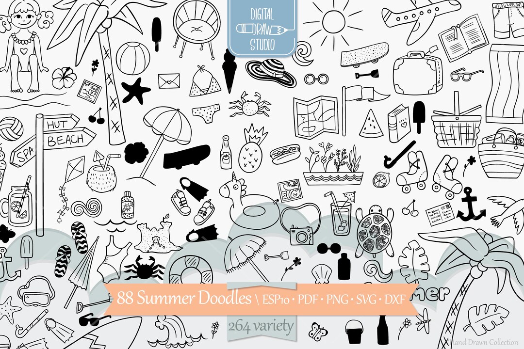 Summer Season Doodles | Hand Drawn Beach + Coconut Tree Clip Art | Sun ...
