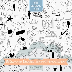 Summer Season Doodles | Hand Drawn Beach + Coconut Tree Clip Art | Sun ...