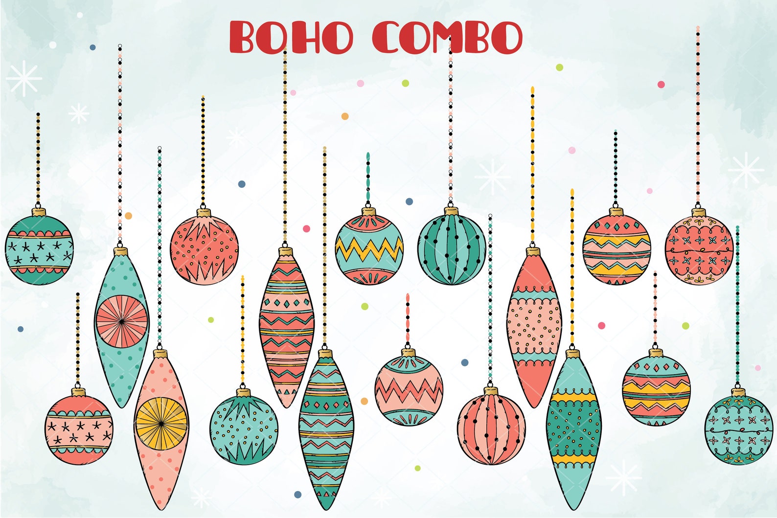 Hand Drawn Retro Ornaments Colored Clip Art Christmas Tree | Etsy