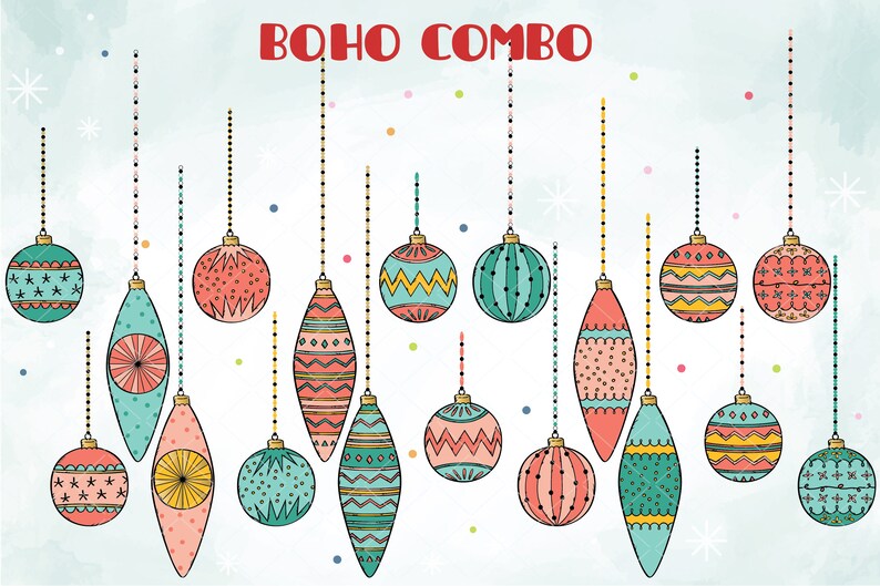 Hand Drawn Retro Ornaments Colored Clip Art Christmas Tree - Etsy