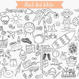 Summer Season Doodles | Hand Drawn Beach + Coconut Tree Clip Art | Sun ...