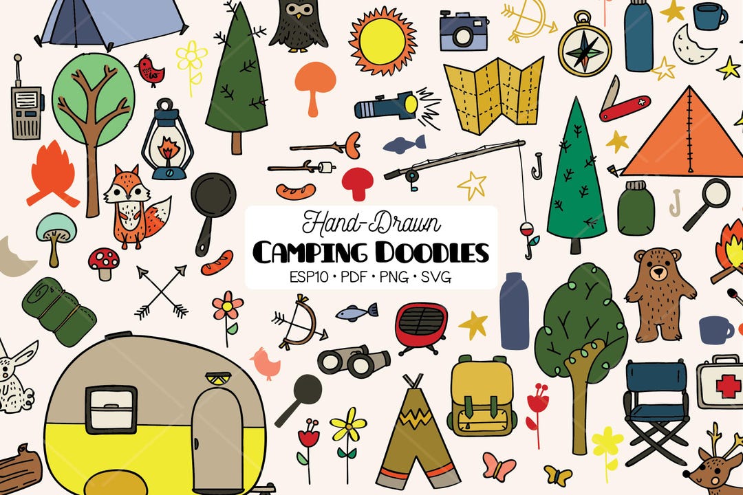 Camping Doodles Colored Clip Art | Hand Drawn Camper, Fishing, Outdoor ...