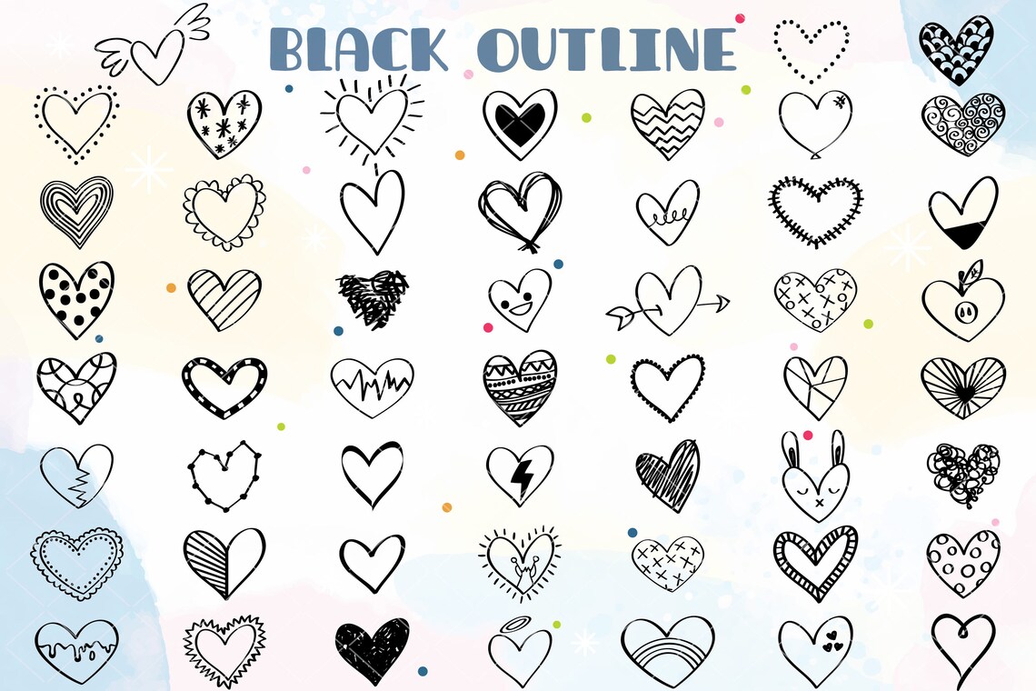 Hearts Outline Drawing Hand Drawn Valentine Doodles | Etsy