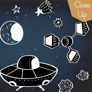 Outer Space Hand Drawn Graphics White Outline Planets, Astronauts and ...