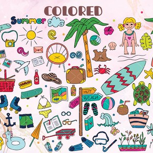 Summer Season Colored Doodles Hand Drawn Beach Coconut Tree Clip Art ...