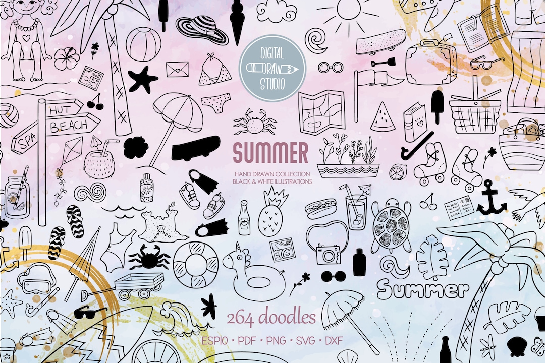 Summer Season Doodles Hand Drawn Beach Coconut Tree Clip Art Sun Ice ...