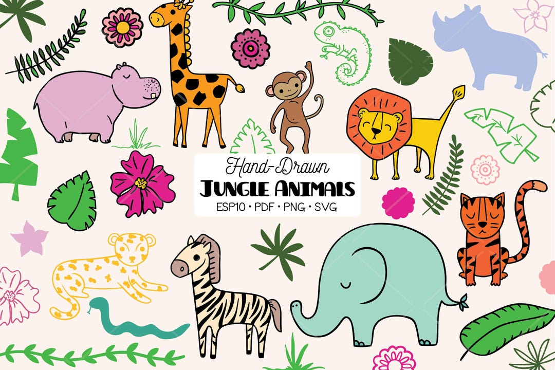 Colored Hand-drawn Jungle Animals Clipart | Elephant, Lion, Giraffe ...