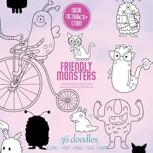 Friendly Monsters Hand Drawn Graphic Funny Characters Outline Drawing ...