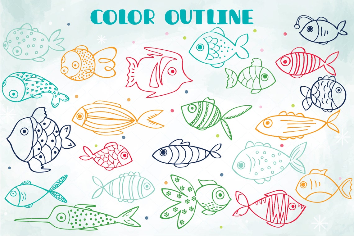 Fish Hand Drawn Graphic Colorful Tropical Animal Outline - Etsy