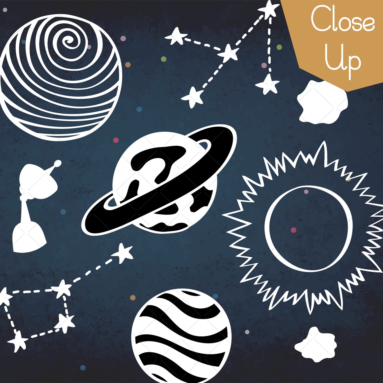 Outer Space Hand Drawn Graphics White Outline Planets | Etsy