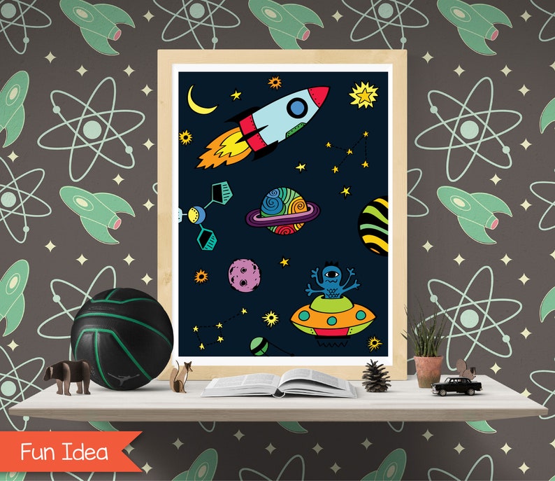 Colored Outer Space Hand Drawn Graphics Planets Astronauts - Etsy