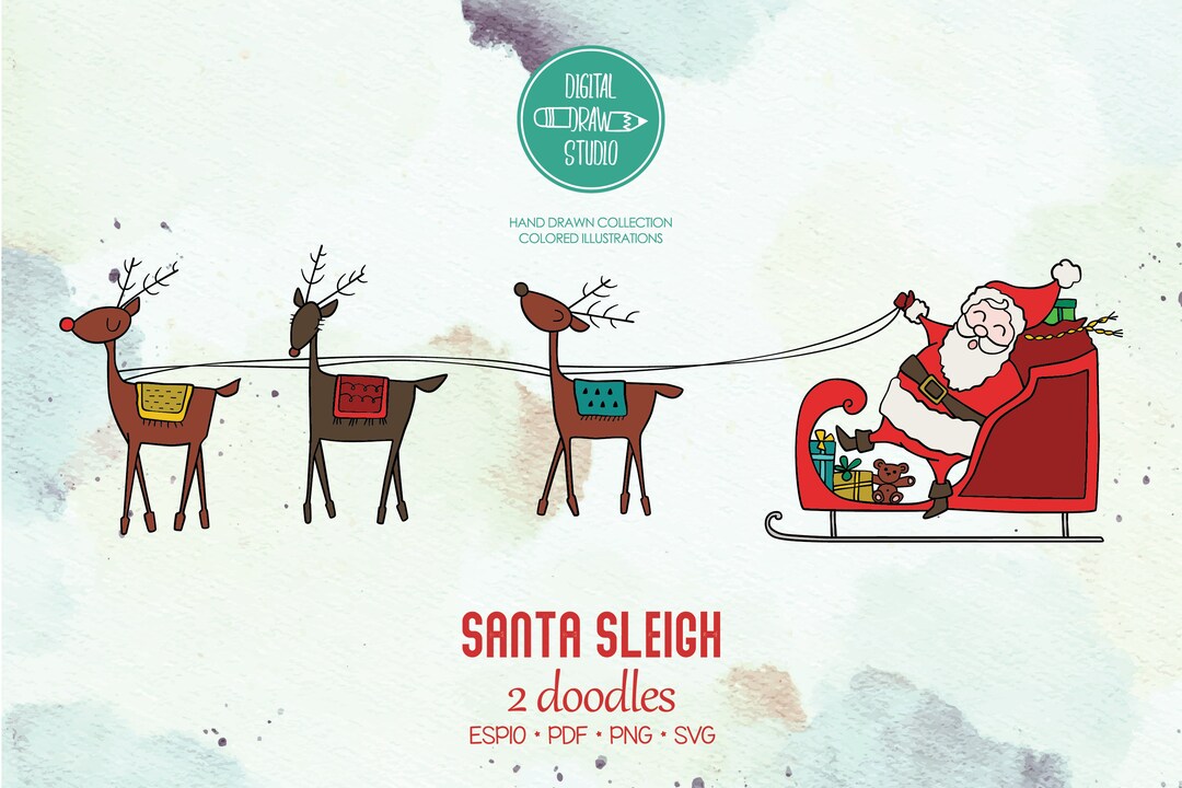 Santa Claus Sleigh & Rudolf Reindeer Colored Clip Art Hand Drawn ...