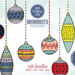 Hand Drawn Retro Ornaments Colored Clip Art Christmas Tree Balls ...