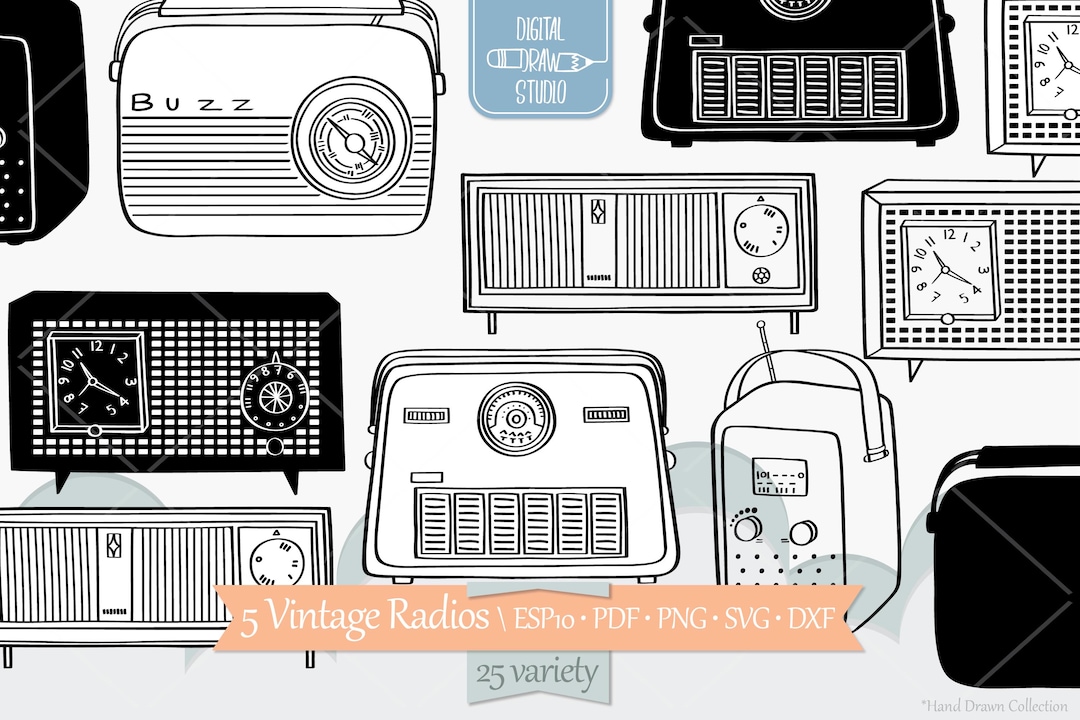 Vintage Radios Black & White | Hand Drawn Retro Alarm Clock Clip Art ...