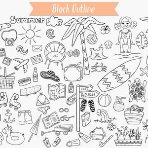 Summer Season Doodles | Hand Drawn Beach + Coconut Tree Clip Art | Sun ...