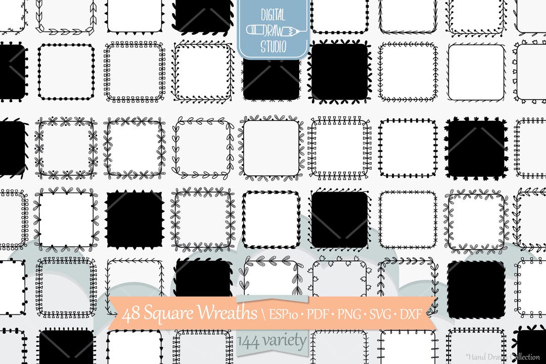 Square Wreaths Hand Drawn Graphic | Frames + Floral Borders Outline ...