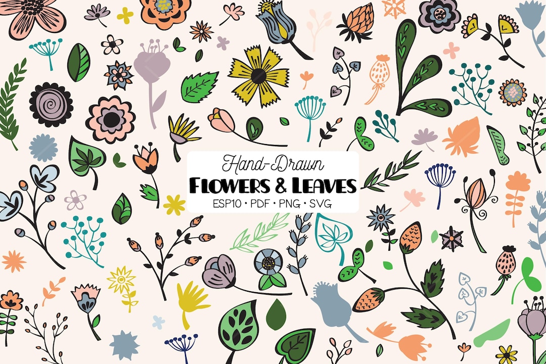 Colored Hand-drawn Flowers Clipart | Leaves, Meadow Floral (png, Svg ...
