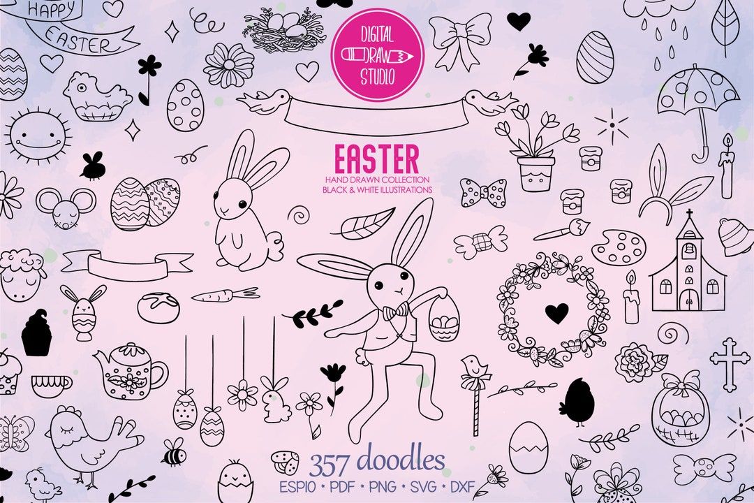 Easter Doodles Hand Drawn Decorated Eggs Bunny Clip Art - Etsy