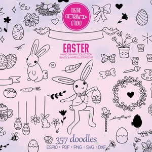 Easter Doodles Hand Drawn Decorated Eggs Bunny Clip Art - Etsy