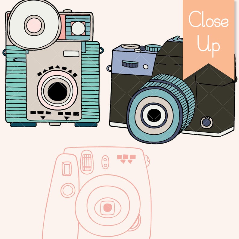 Vintage Camera Colored Clipart: Hand-drawn Retro Kodak, Polaroid (png ...