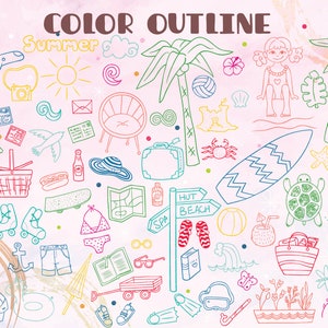 Summer Season Colored Doodles Hand Drawn Beach Coconut Tree Clip Art ...