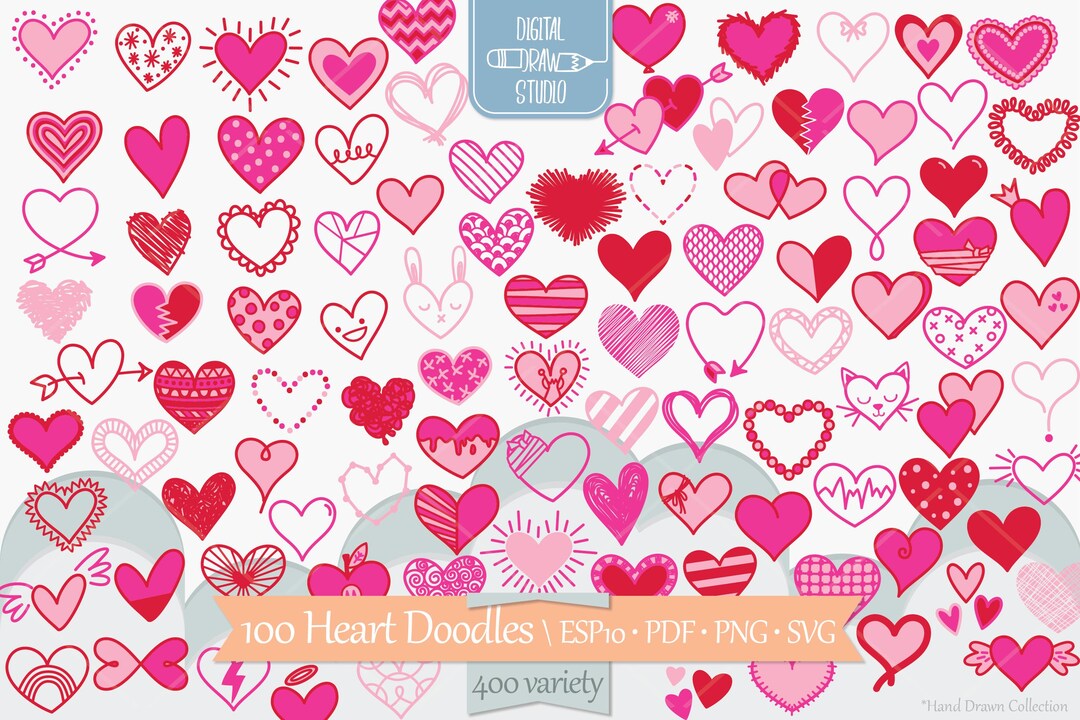 Hearts Doodle Bundle | Red & Pink Hand Drawn Outline | Valentine Day ...