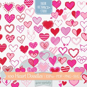 Hearts Doodle Bundle Red & Pink Hand Drawn Outline Valentine Day Love ...