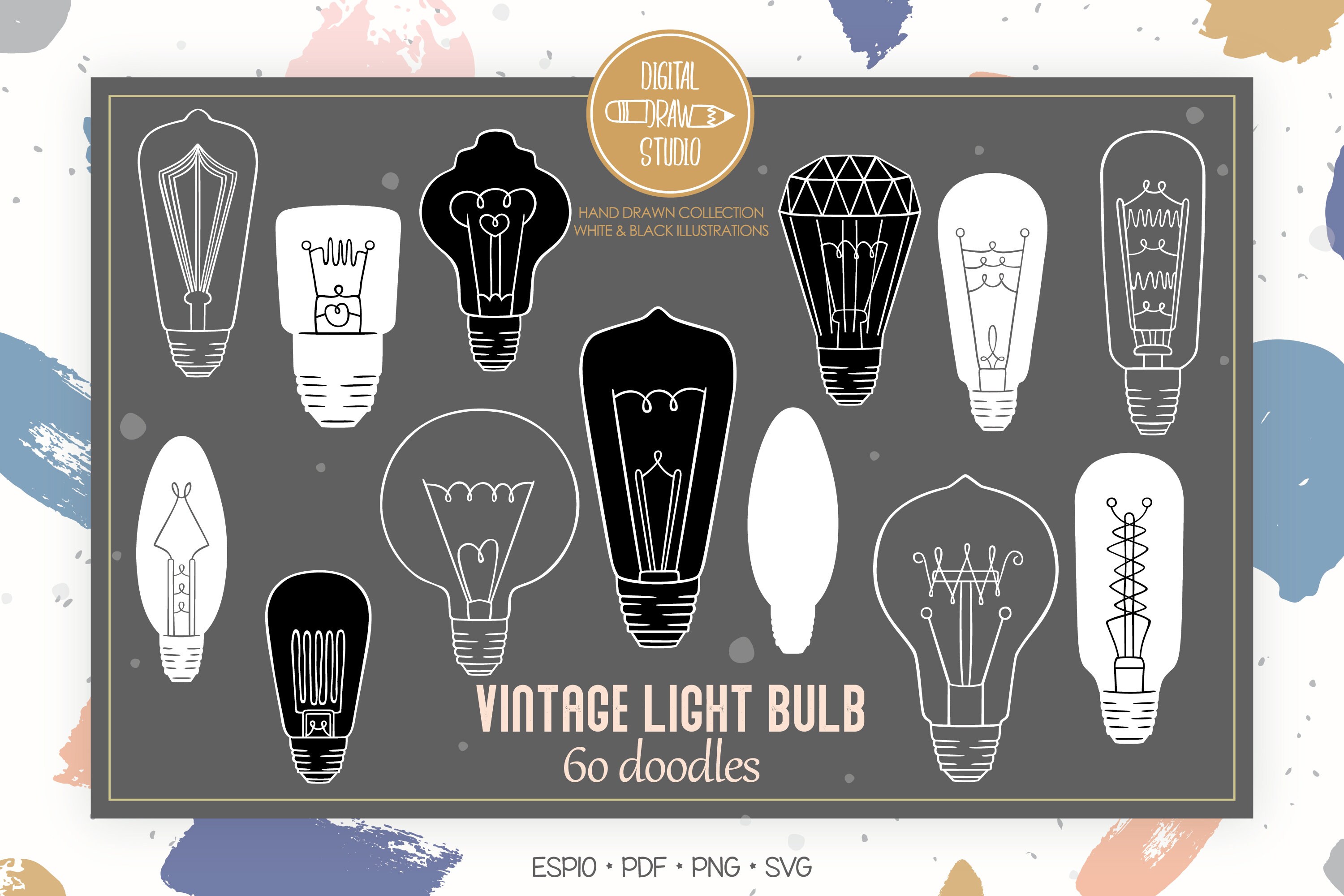 Vintage Light Bulb White Lines Hand Drawn Edison Lighting | Etsy