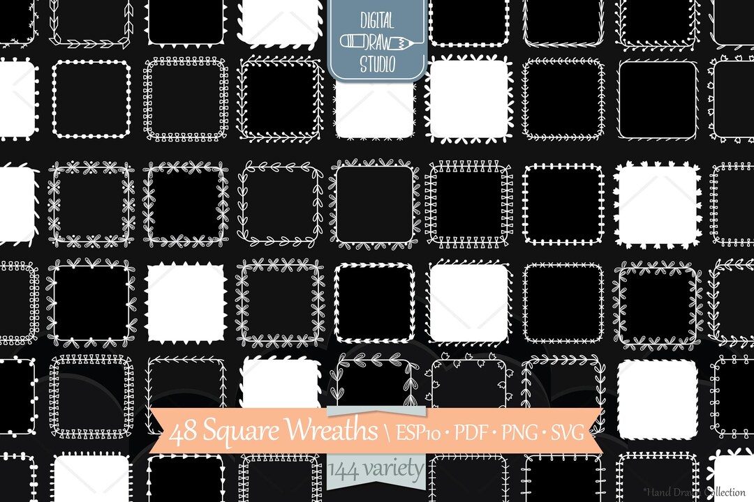 Square Wreaths White Hand Drawn Graphic | Frames + Floral Borders ...