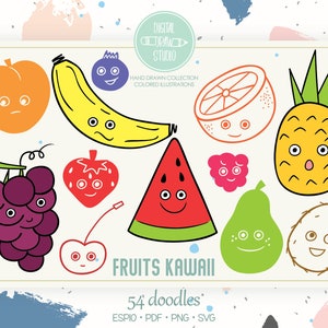 Colored Fruit Kawaii Hand Drawn Cute Pineapple Smiling Banana Outline ...