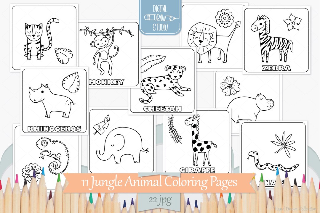 Jungle Animals Kids Coloring Pages | Hand Drawn Monkey, Zebra, Elephant ...