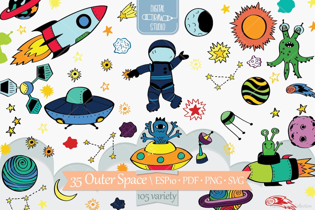 Colored Outer Space Hand Drawn Graphics | Planets, Astronauts and ...