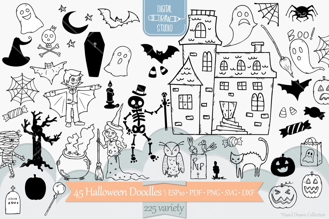 Halloween Doodles Hand Drawn Spooky Ghost Clip Art Pumpkin & Monsters ...